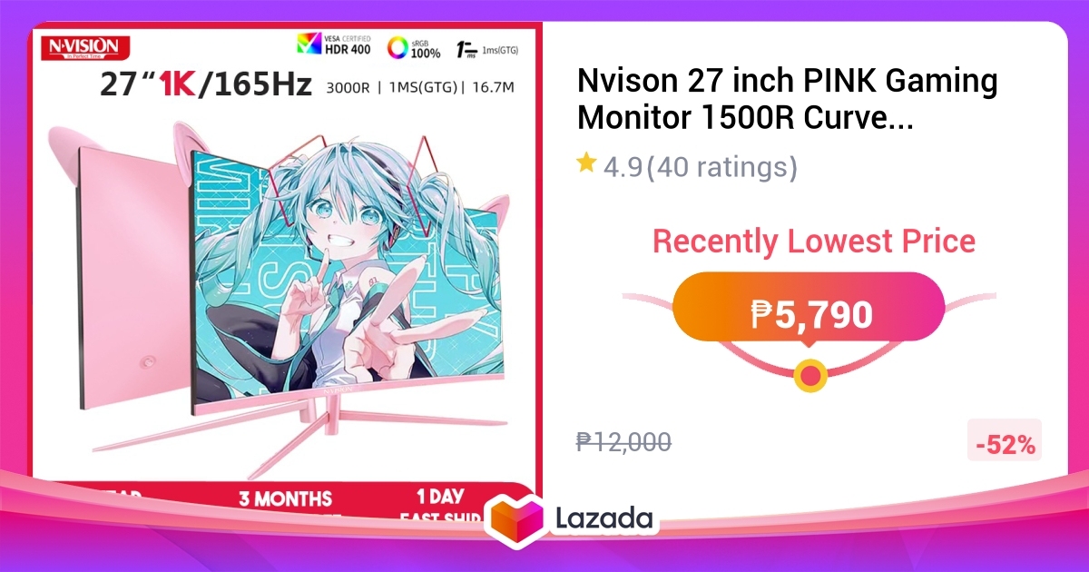 Nvison 27 inch PINK Gaming Monitor 1500R Curved Frameless 165HZ Full HD ...