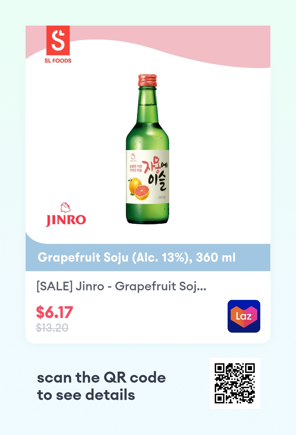 [SALE] Jinro - Grapefruit Soju (Alc. 13%) 360 ml - Korean