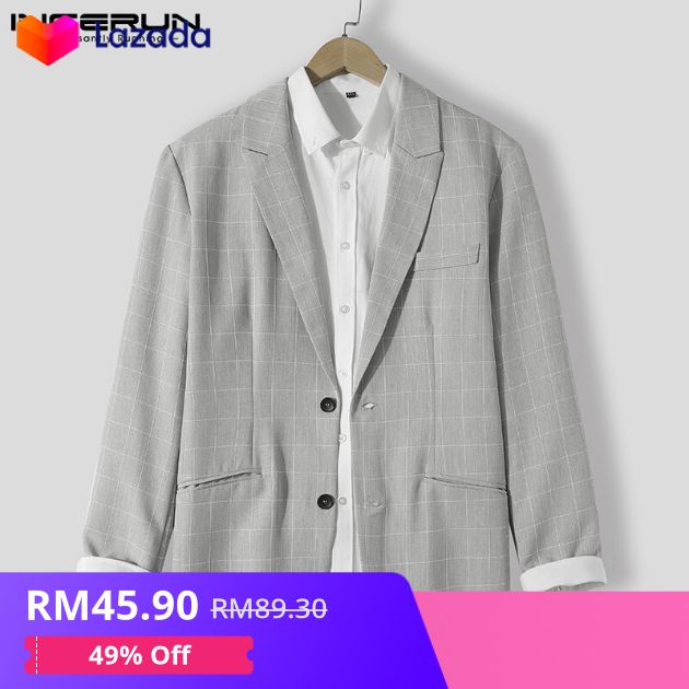 (Cotton Liean) INCERUN Mens Formal Business Blazer Long Sleeve Checked ...