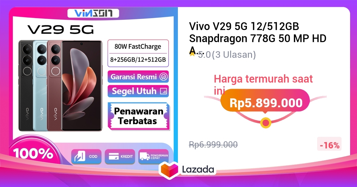 Vivo V29 5G 12/512GB Snapdragon 778G 50 MP HD AF Selfie, 3D Curved Screen with Slim Garansi Resmi