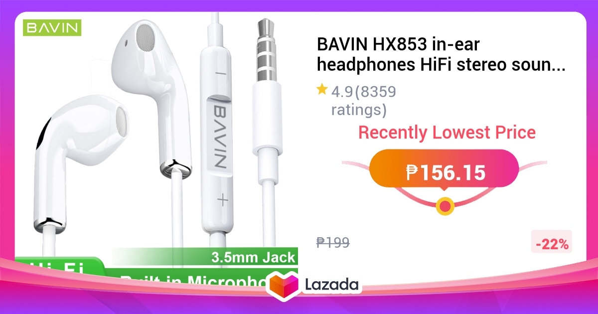 BAVIN HX853 in-ear headphones HiFi stereo sound Built In HD Mic 3.5mm ...