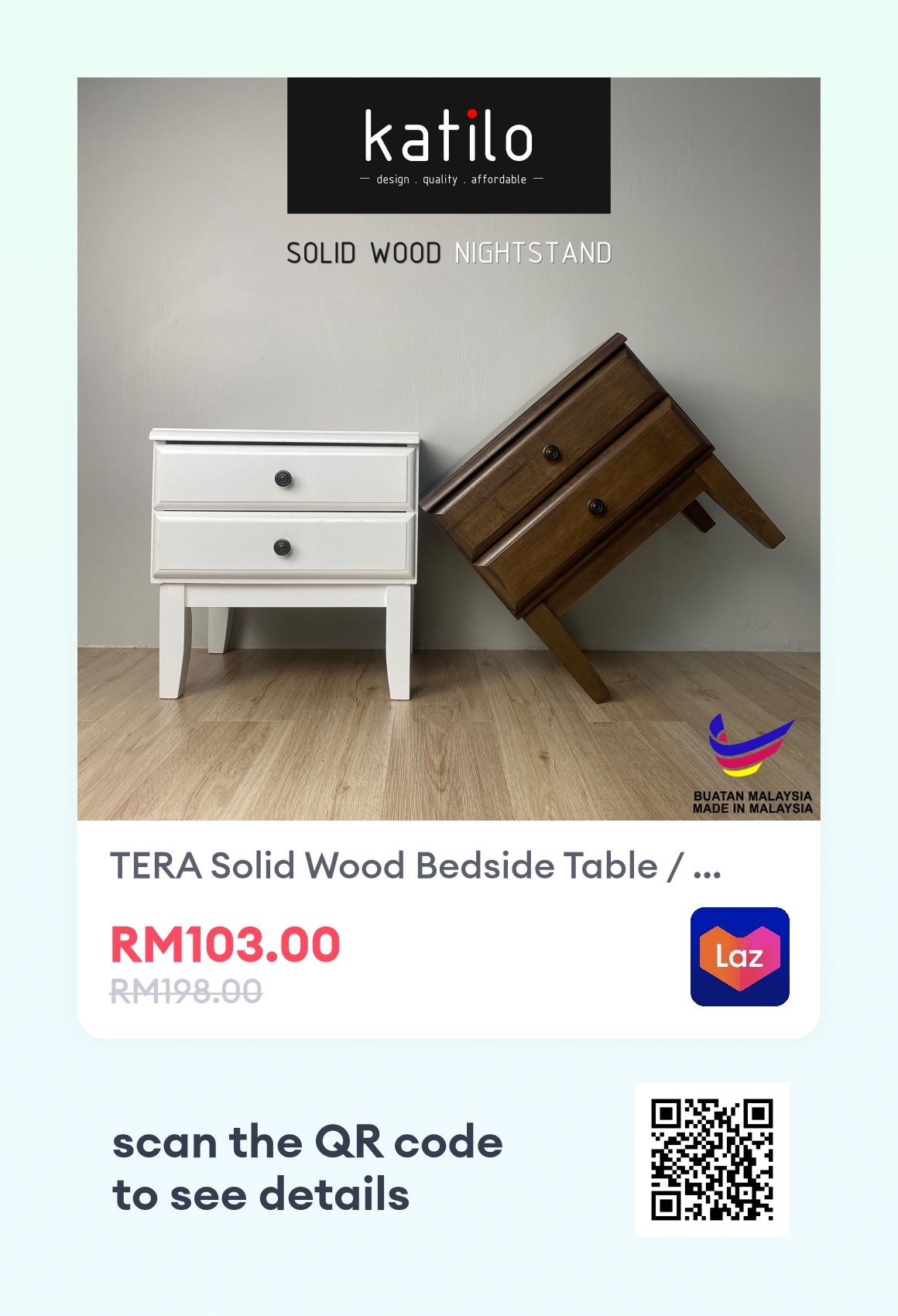 TERA Solid Wood Bedside Table / 2 Drawers Nightstand / Meja Tepi Katil / 2 Laci Storage Meja ...