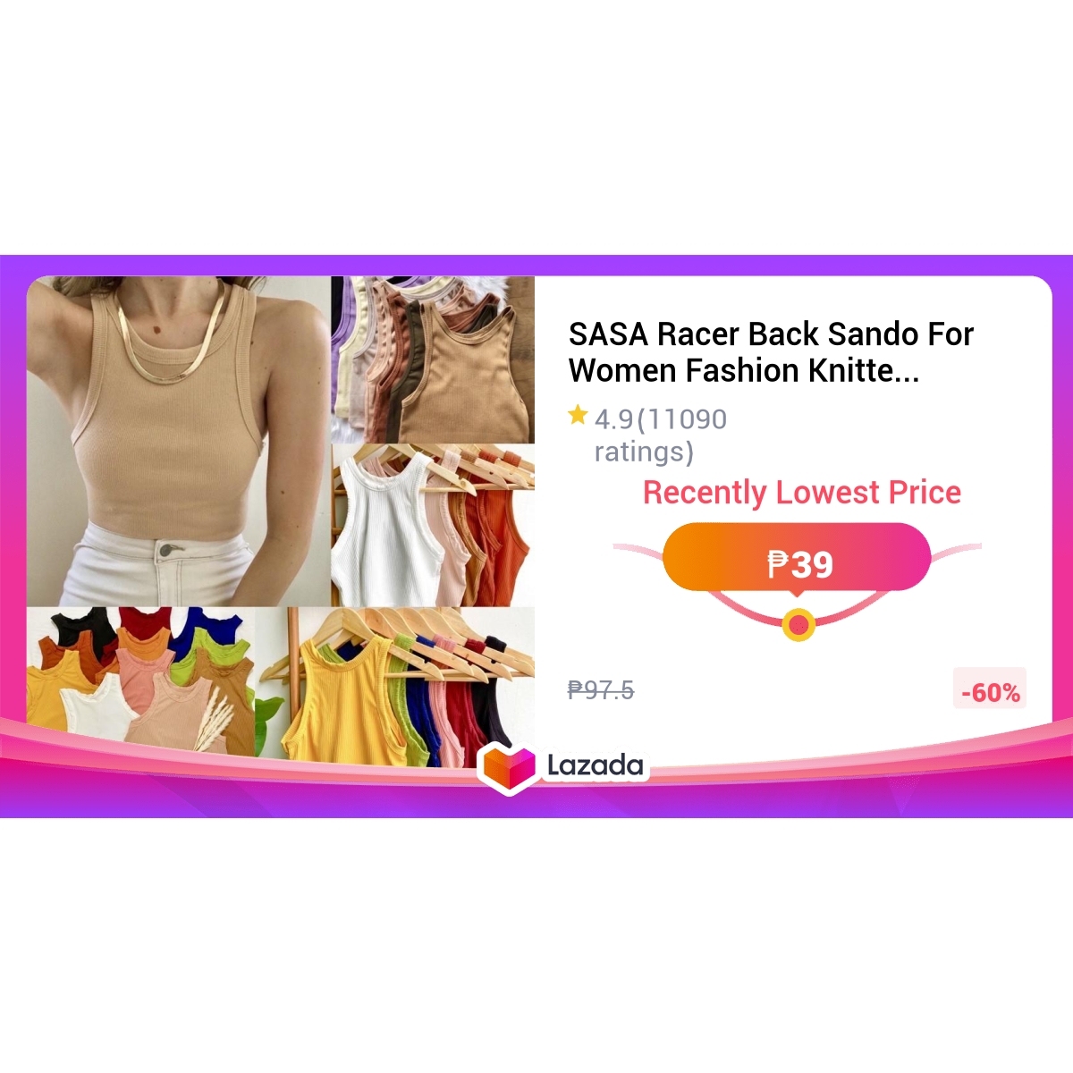 SASA Racer Back Sando For Women Fashion Knitted Ribbed Croptop for Women