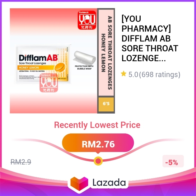 [YOU PHARMACY] DIFFLAM AB SORE THROAT LOZENGES 6'S (BLACKCURRANT / ORANGE / HONEY LEMON / LEMON)