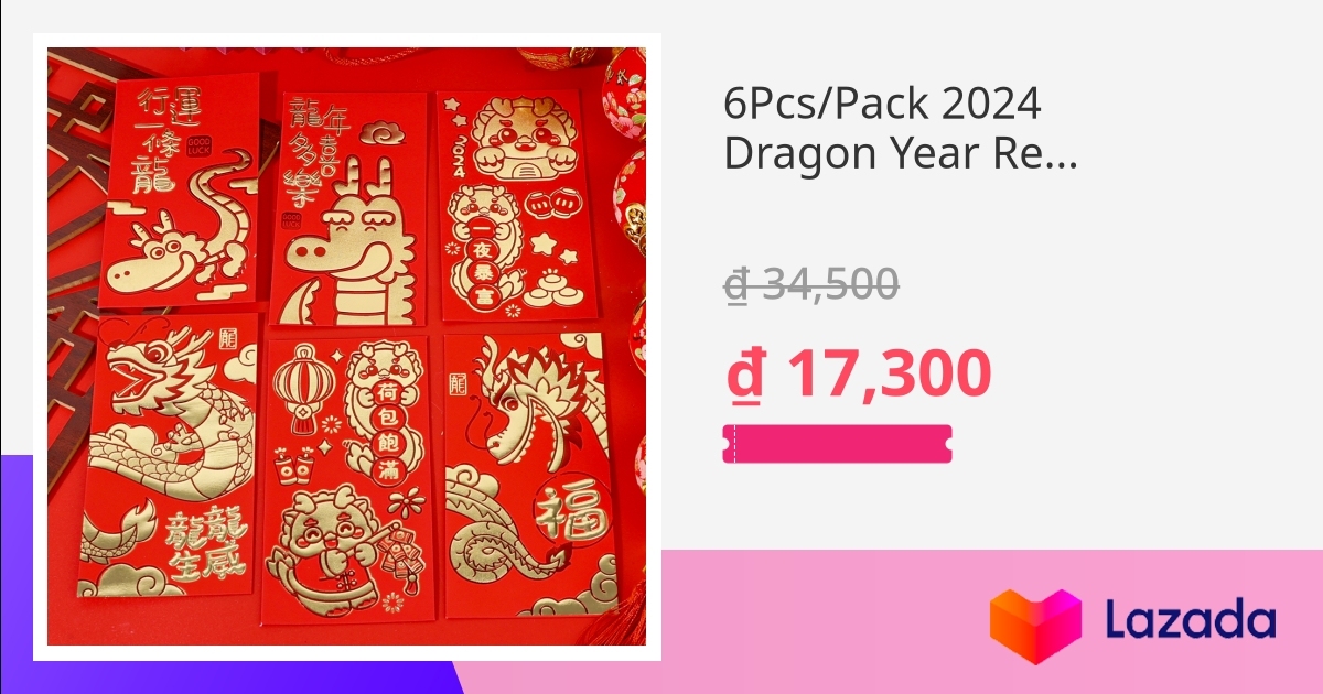 6Pcs/Pack 2024 Dragon Year Red Envelopes Cartoon Bronzing Dragon Red ...