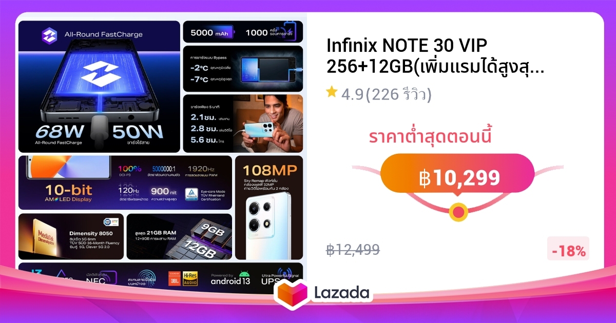Infinix NOTE 30 VIP 256+12GB(เพิ่มแรมได้สูงสุด 21GB) | ชิปเซ็ต Dimensity 8050 | หน้าจอ 120Hz ...