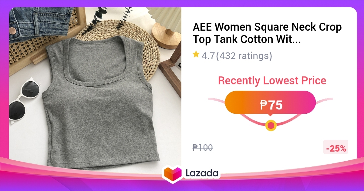 AEE Women Square Neck Crop Top Tank Cotton With Padded Bralette Outdoor ...
