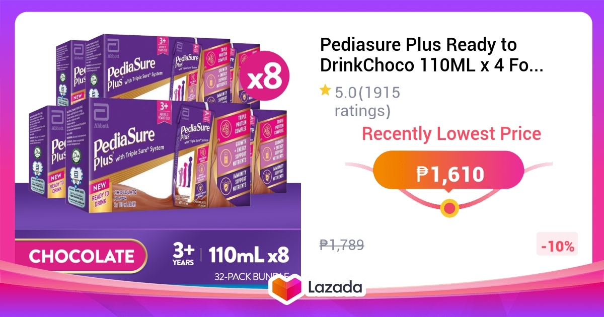 Pediasure Plus Ready to DrinkChoco 110ML x 4 For Kids Above 3 Years Old Bundle of 8