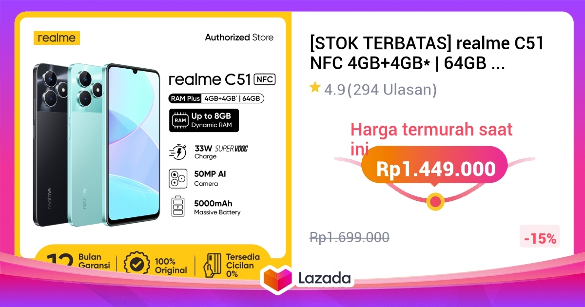 [STOK TERBATAS] realme C51 NFC 4GB+4GB* | 64GB / 4GB+4GB* | 128GB (Dynamic RAM | 33W SUPERVOOC ...