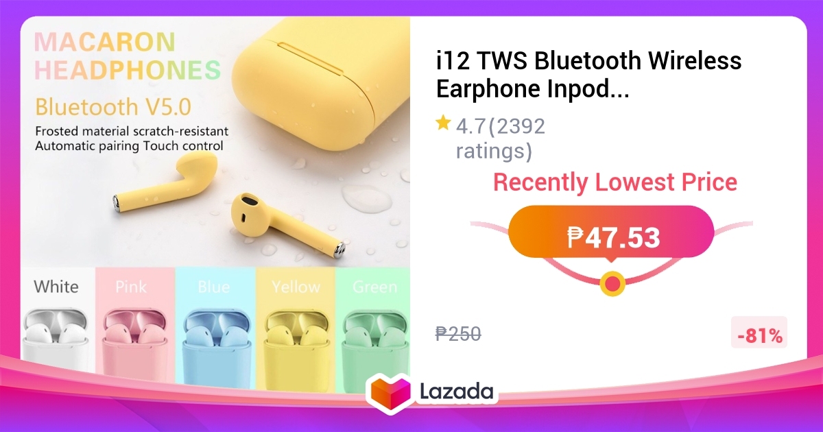 i12 TWS Bluetooth Wireless Earphone Inpods Original Macaron Smart Touch ...