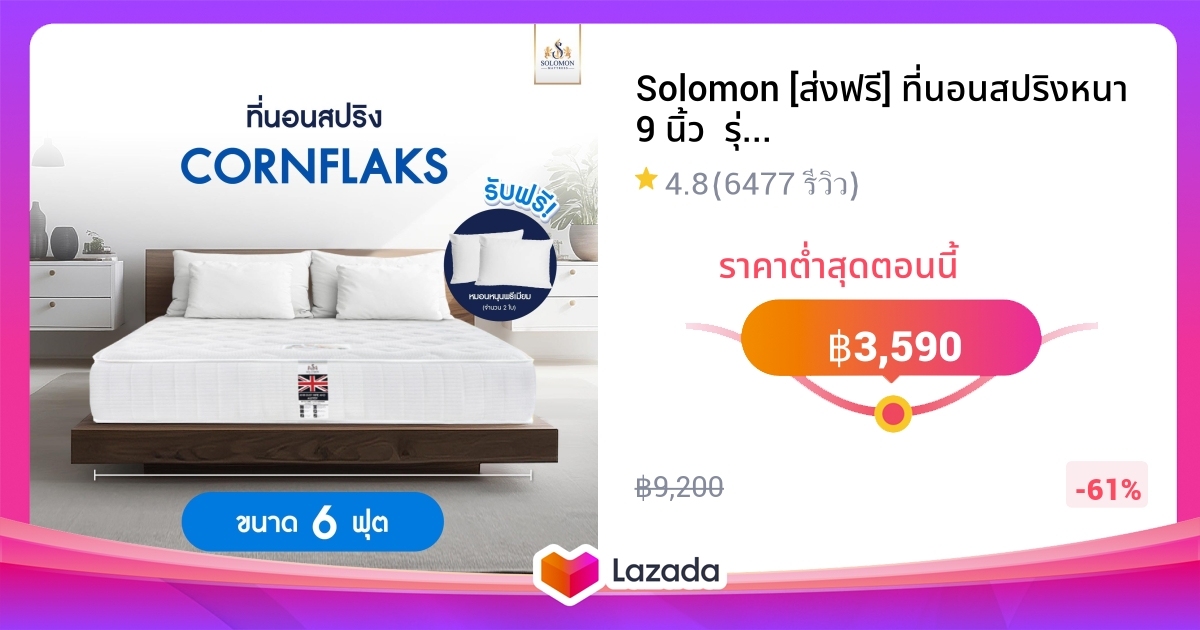 Solomon [ส่งฟรี] ที่นอนสปริงหนา 9 นิ้ว รุ่น Cornflaks นุ่ม นอนสบาย แถมฟรีหมอนหนุนใบใหญ่