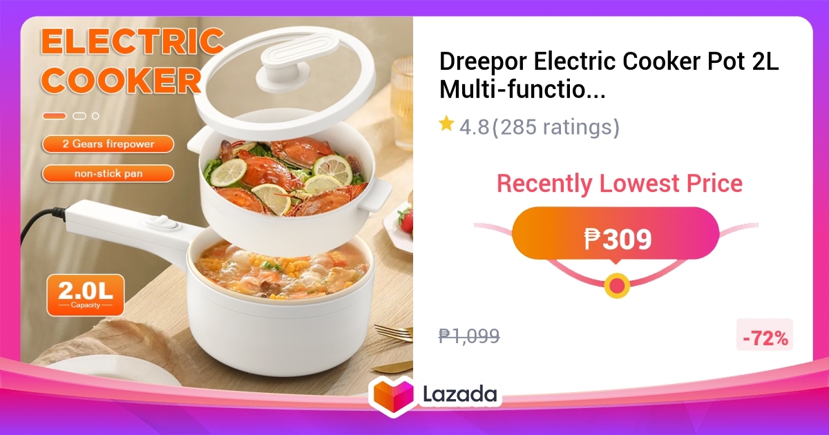 Dreepor Electric Cooker Pot 2L Multi-function Cooker Double-layer Hot ...