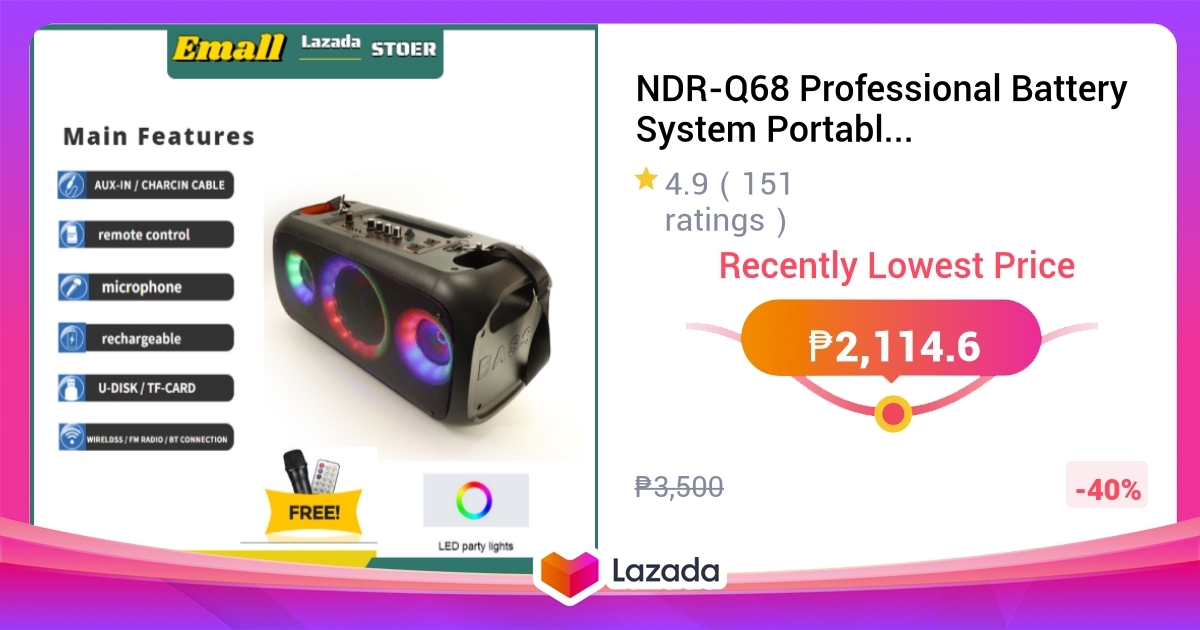 NDR-Q68 Professional Battery System Portable 6.5X2 inches Bluetooth ...