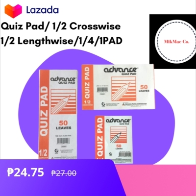 Quiz Pad/ 1/2 Crosswise/ 1/2 Lengthwise/1/4/1PAD Writing Pad Quality Paper