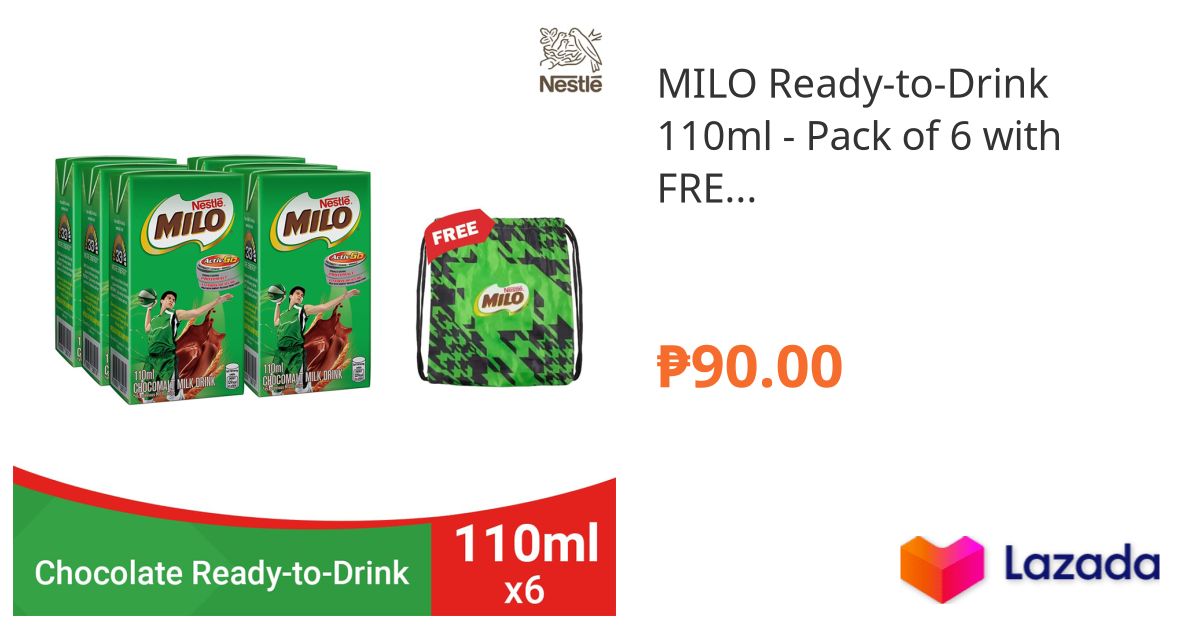 MILO Ready-to-Drink 110ml - Pack of 6 with FREE Drawstring Bag