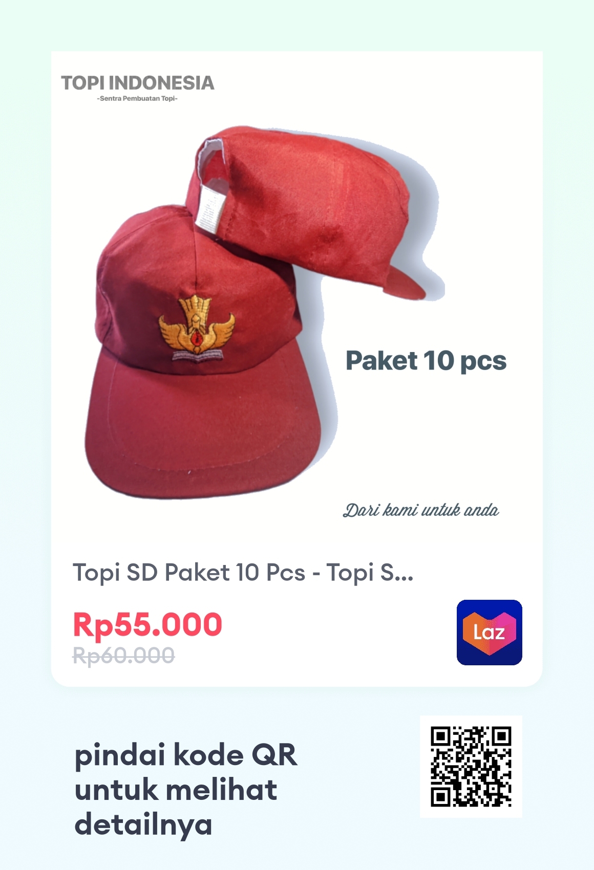 Topi SD Paket 10 Pcs - Topi SD Merah - Topi Sekolah - Topi bordir