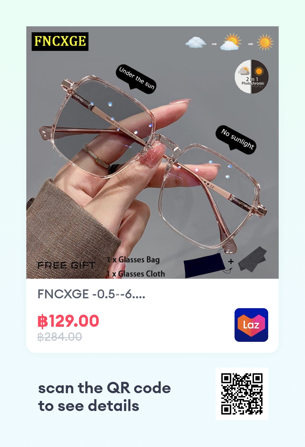 FNCXGE -0.5~-6.0 แว่นสายตาสั้นเลนส์ออโตเมติก มัลติโค้ด เปลี่ยนสีอัตโนมัติภายใต้แสงแดด แว่นตากึ่ง ...