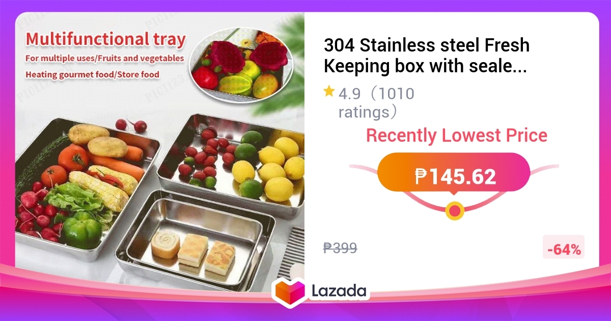 304 Stainless steel Fresh Keeping box with sealed lid Food trays Food ...