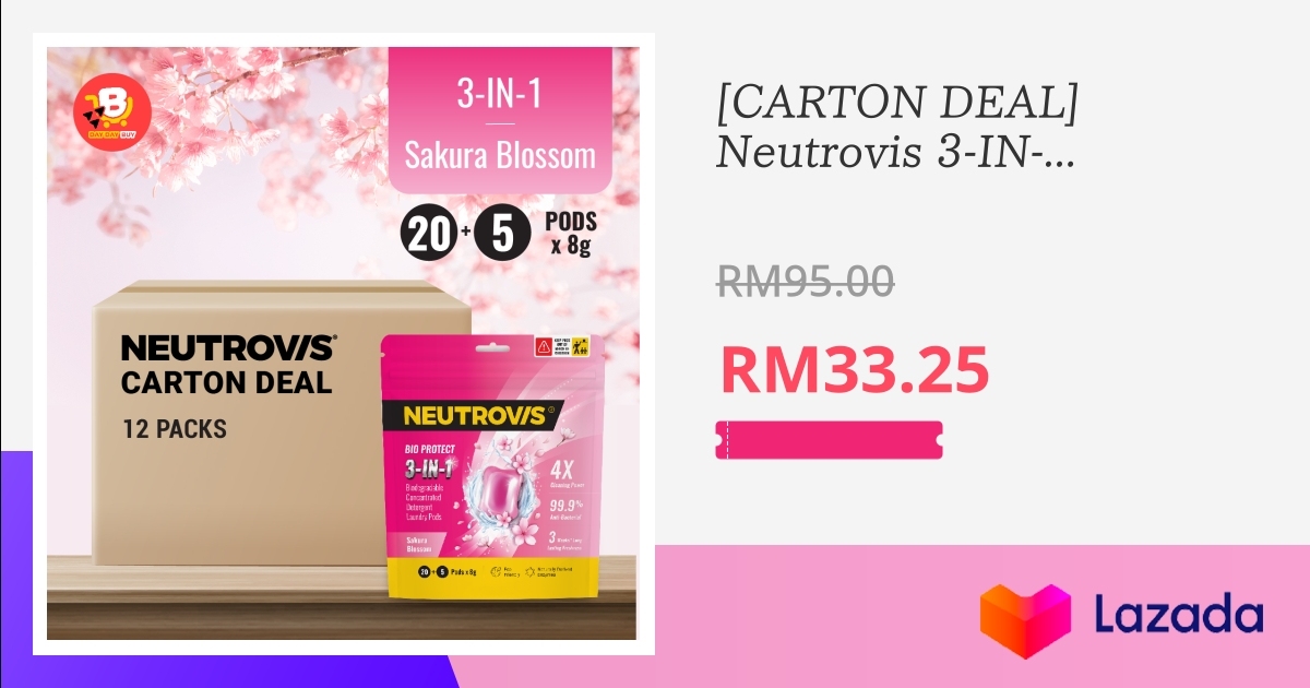 [CARTON DEAL] Neutrovis 3-IN-1 Biodegradable Concentrated Detergent Laundry Pods (8g x 20+5 Pods ...