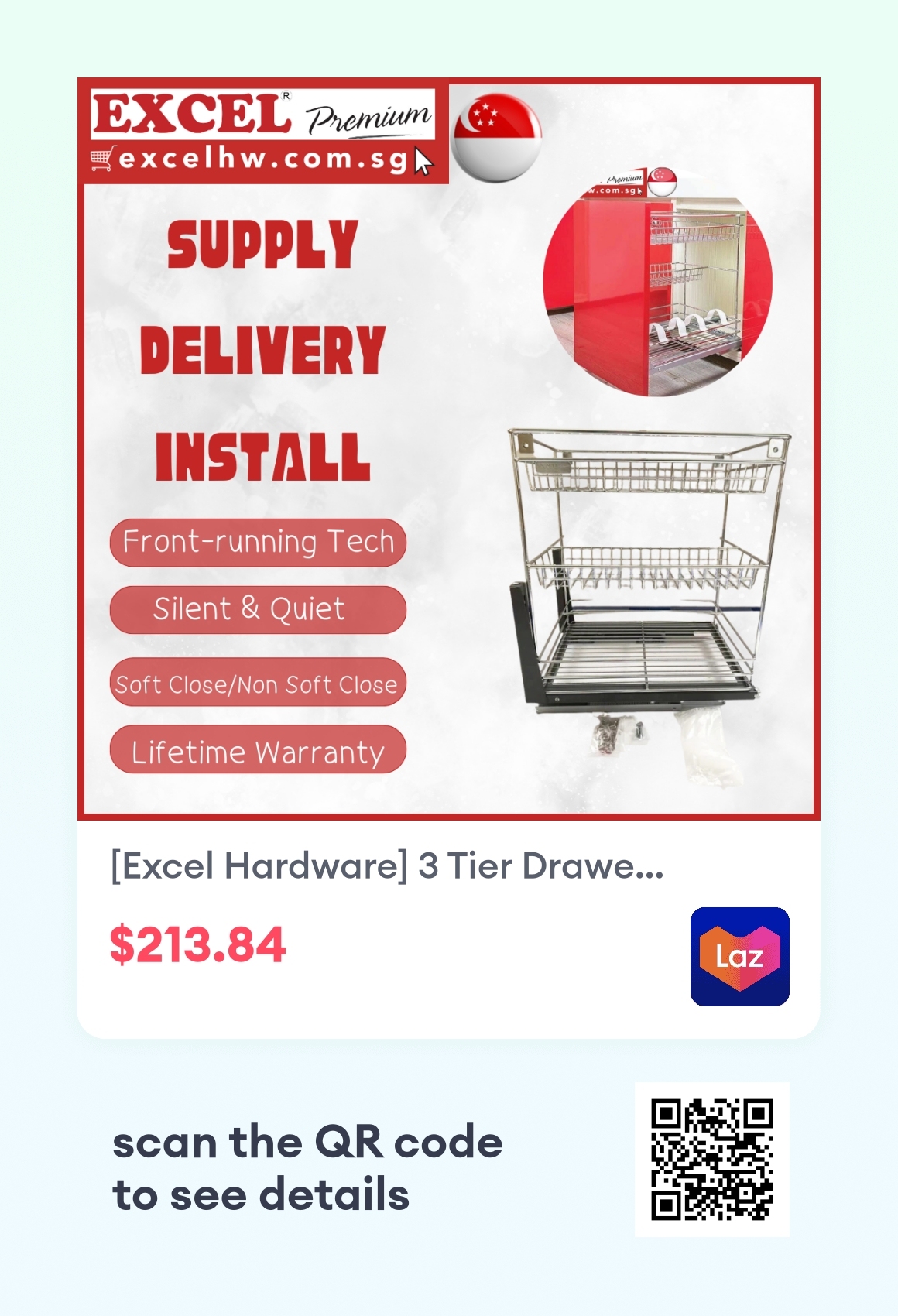 [Excel Hardware] 3 Tier Drawer Basket C/W Full Ext Runner E009