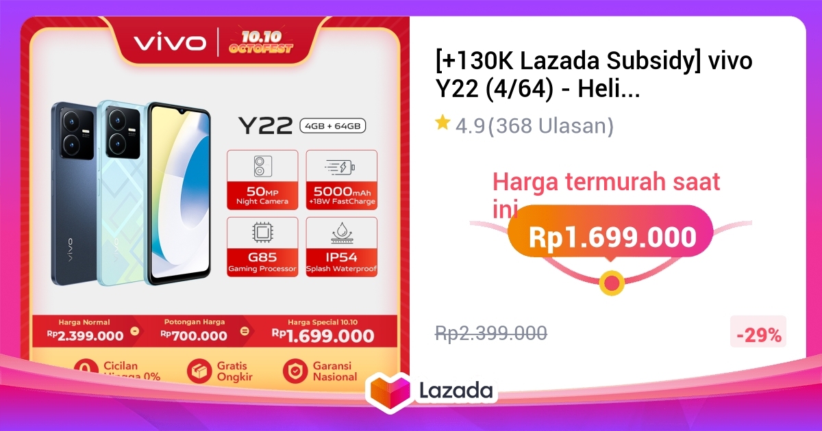 [+130K Lazada Subsidy] vivo Y22 (4/64) - Helio G85, 50MP Camera, Splash Waterproof, 5000mAh ...
