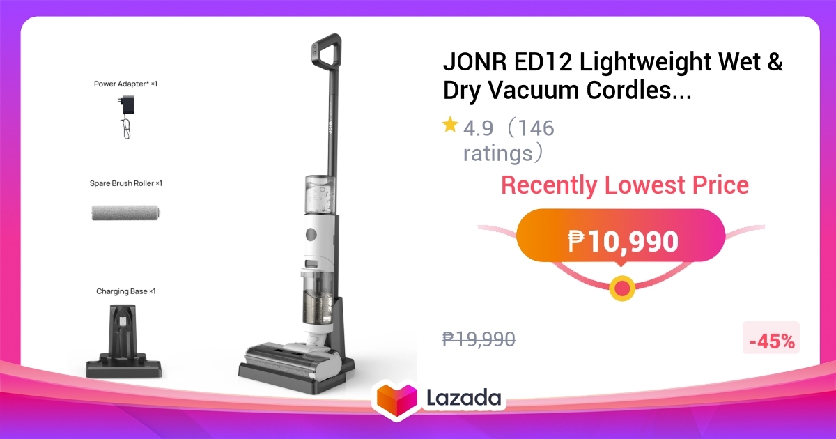 JONR ED12 Lightweight Wet & Dry Vacuum Cordless Floor Cleaner 3 in 1 Vacuum Mop and Wash with ...