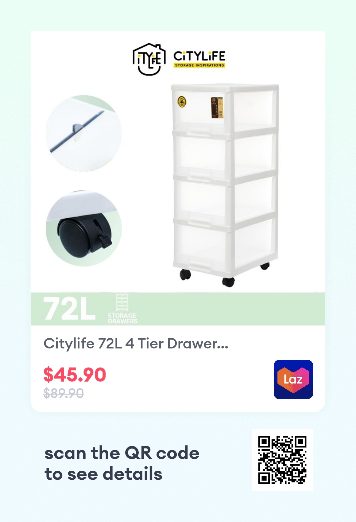 Citylife 72L 4 Tier Drawers Multi-Purpose Comfort Cabinet With Wheels G-5021