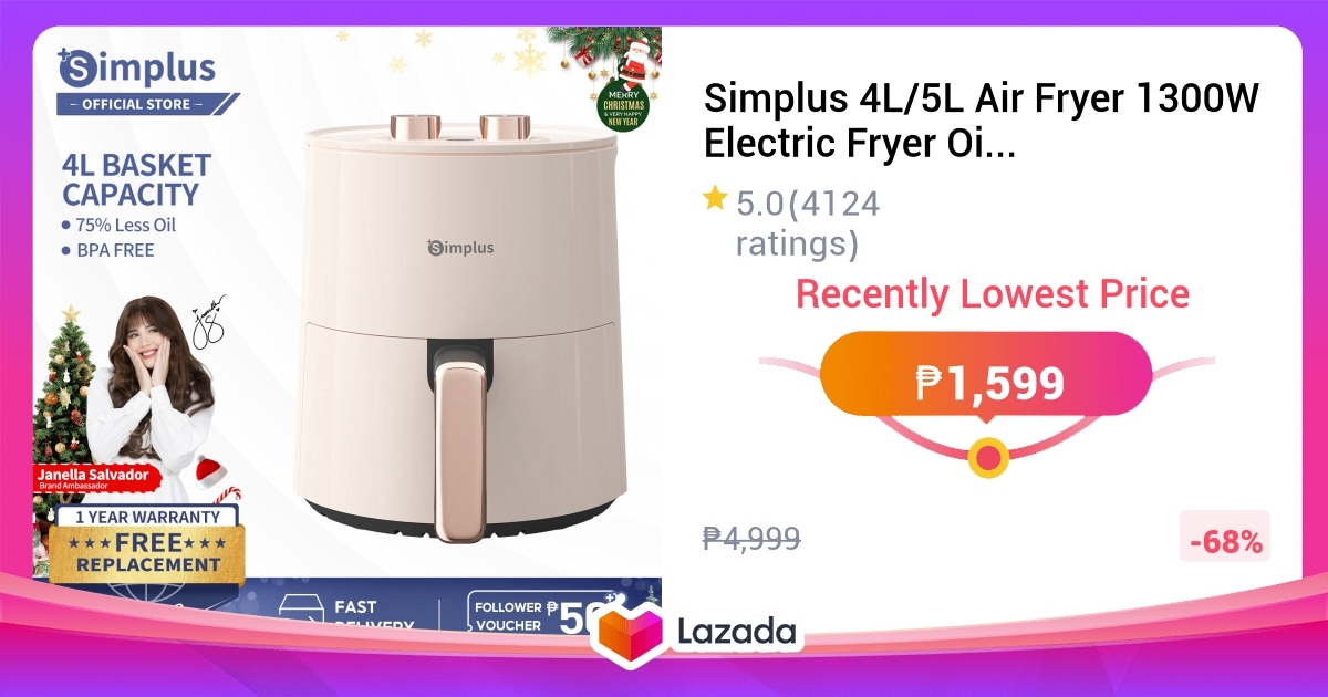 Simplus 4L/5L Air Fryer 1300W Electric Fryer Oil Free Non Stick Pan Knob Control Timer Fryer ...