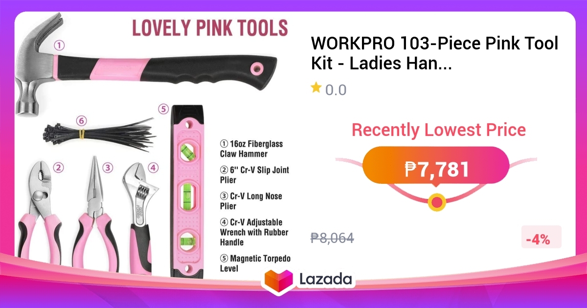WORKPRO 103-Piece Pink Tool Kit - Ladies Hand Tool Set with Easy ...