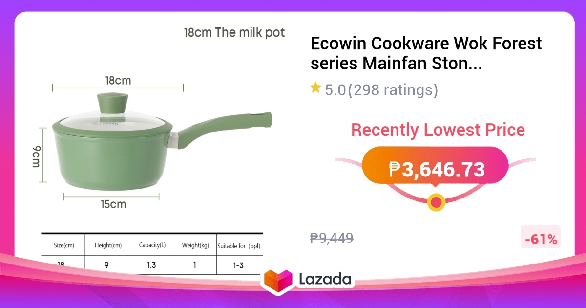 Ecowin Cookware Wok Forest series Mainfan Stone Coating Frying Pan Non-Stick with Lid Free of ...