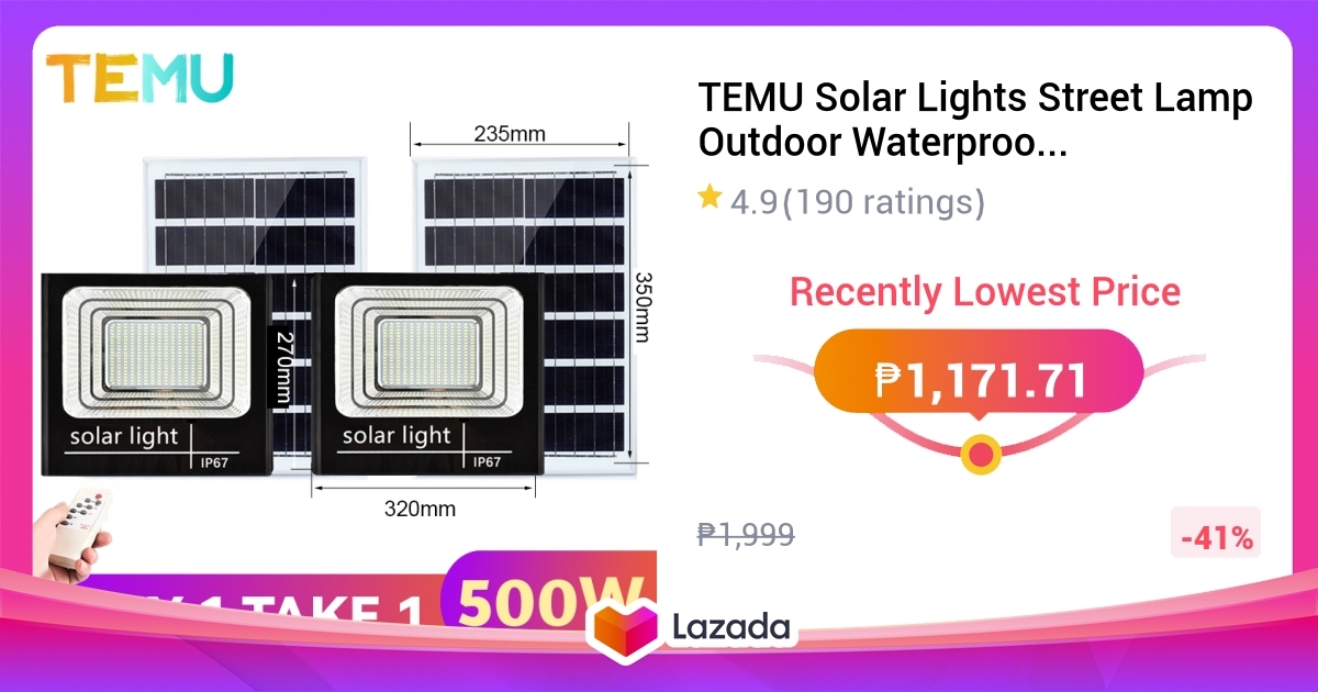 TEMU Solar Lights Street Lamp Outdoor Waterproof LED Flood Garden With ...