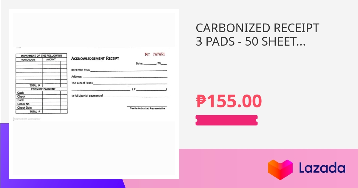 CARBONIZED RECEIPT 3 PADS - 50 SHEETS PER PAD - DUPLICATE CARBONIZED ...
