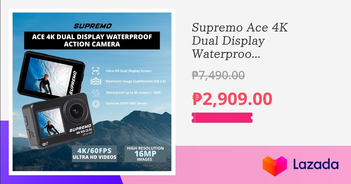 Supremo Ace 4K Dual Display Waterproof Action Camera Black 4K / 60FPS ...
