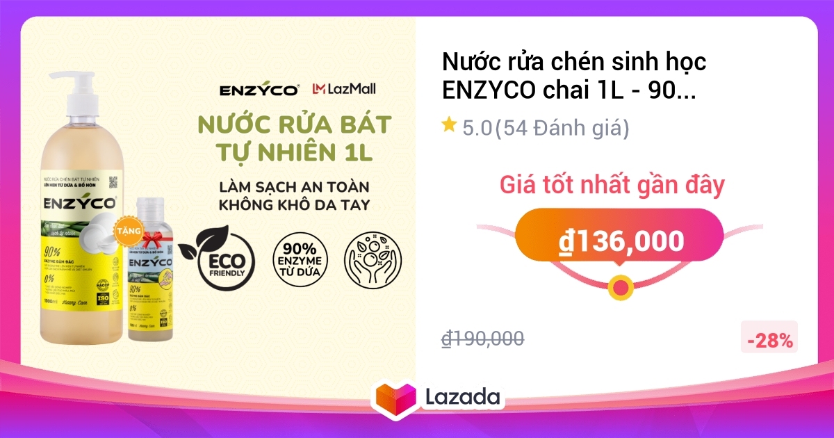 Nước rửa chén sinh học ENZYCO chai 1L - 90% Enzyme từ dứa giúp làm sạch ...