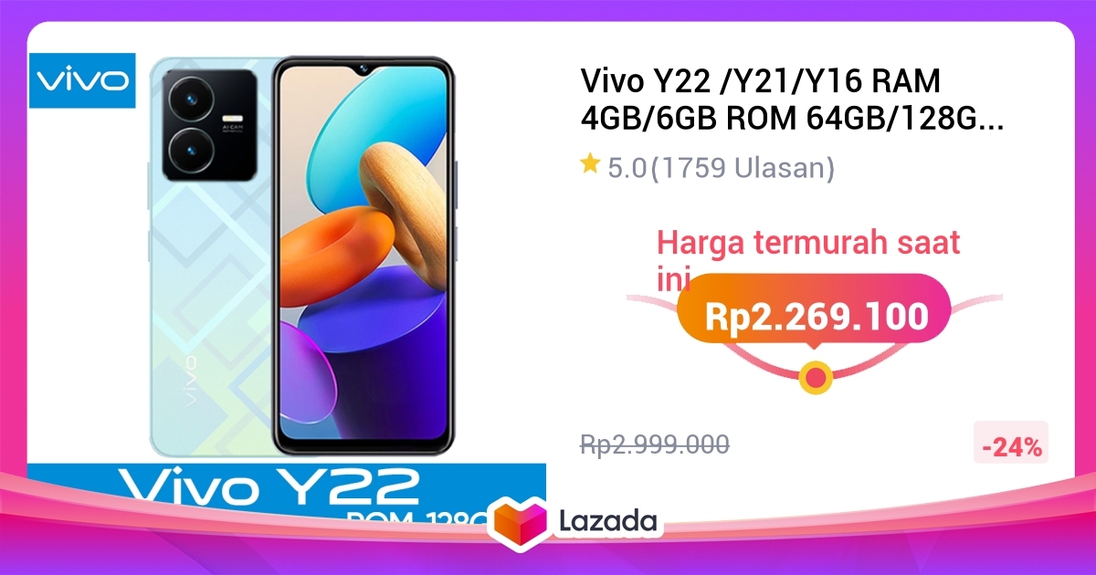 Vivo Y22 /Y21/Y16 RAM 4GB/6GB ROM 64GB/128GB Vivo AI Triple Camera Baterai 5000mAh 18w ...