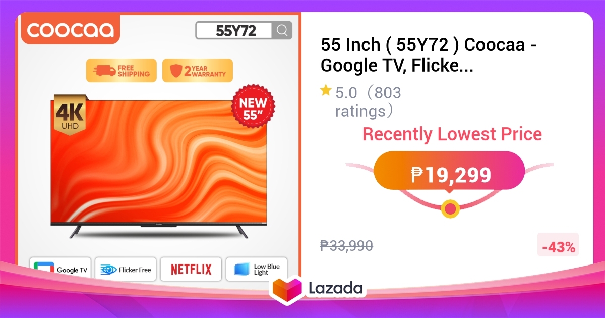 55 Inch ( 55Y72 ) Coocaa - Google TV, Flicker Free & Low bluelight ...