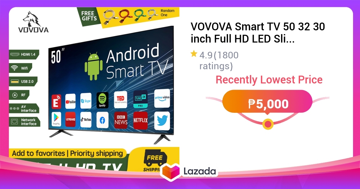VOVOVA Smart TV 50 32 30 inch Full HD LED Slim Flat Screen Yotube Netflix Android Digital ...