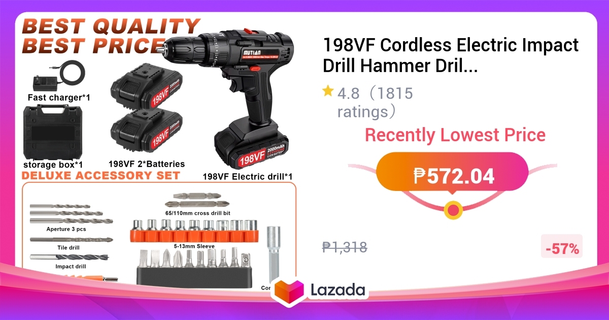 198VF Cordless Electric Impact Drill Hammer Drill Percussion Drill ...