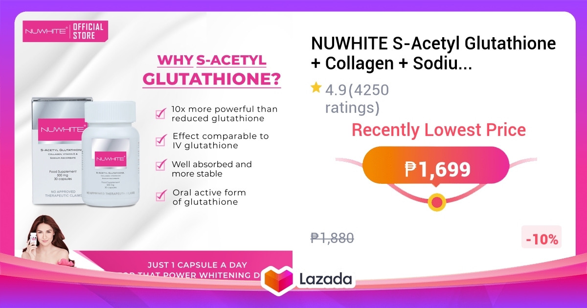 NUWHITE S-Acetyl Glutathione + Collagen + Sodium Ascorbate + Vitamin E Whitening Supplement