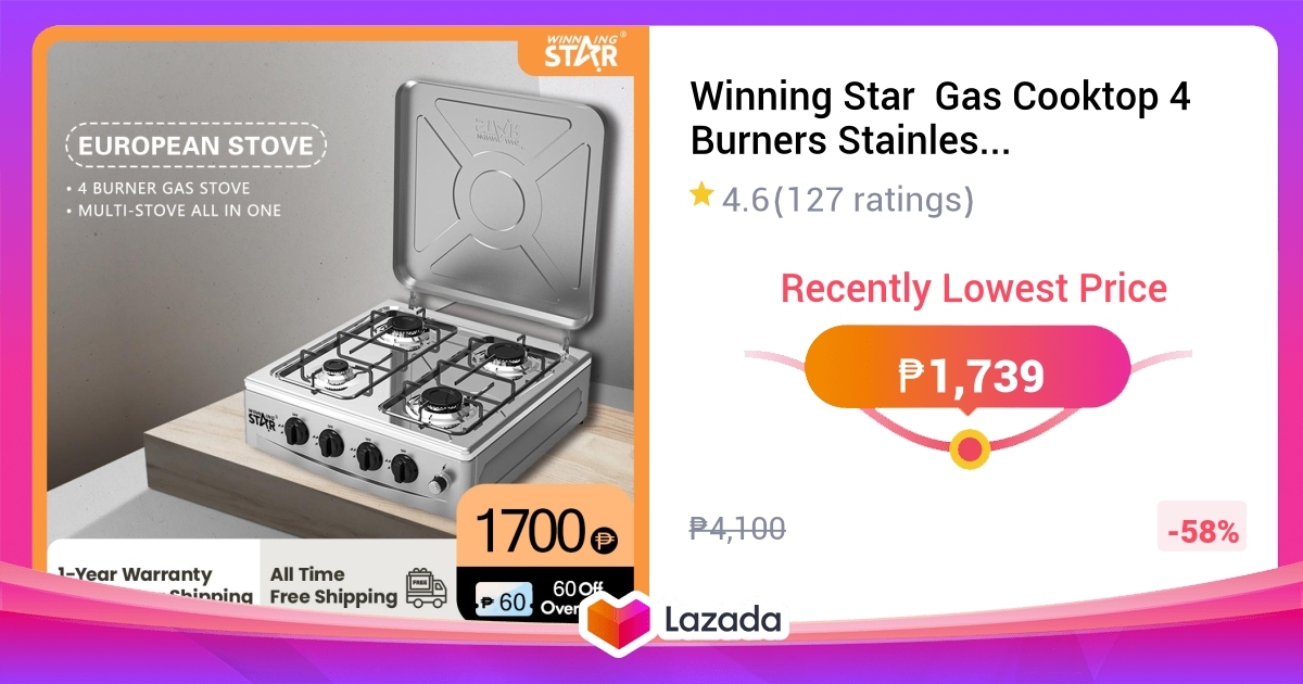 Winning Star Gas Cooktop 4 Burners Stainless Steel Stove 3 Burners ...
