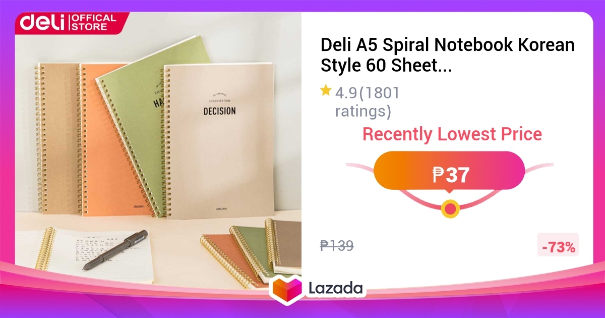 Deli A5 Spiral Notebook Korean Style 60 Sheets For School Supplies ...