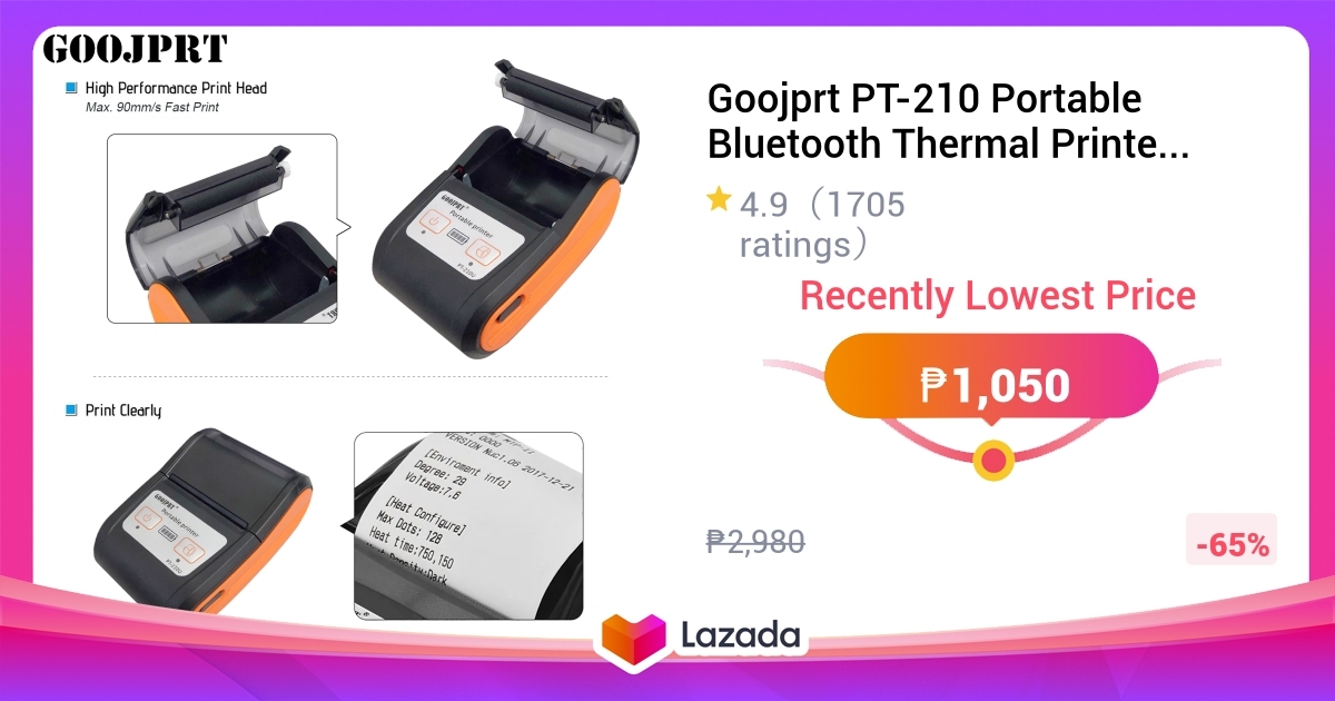 Goojprt PT-210 Portable Bluetooth Thermal Printer Handheld 58mm Receipt Printer for Mini Printer ...