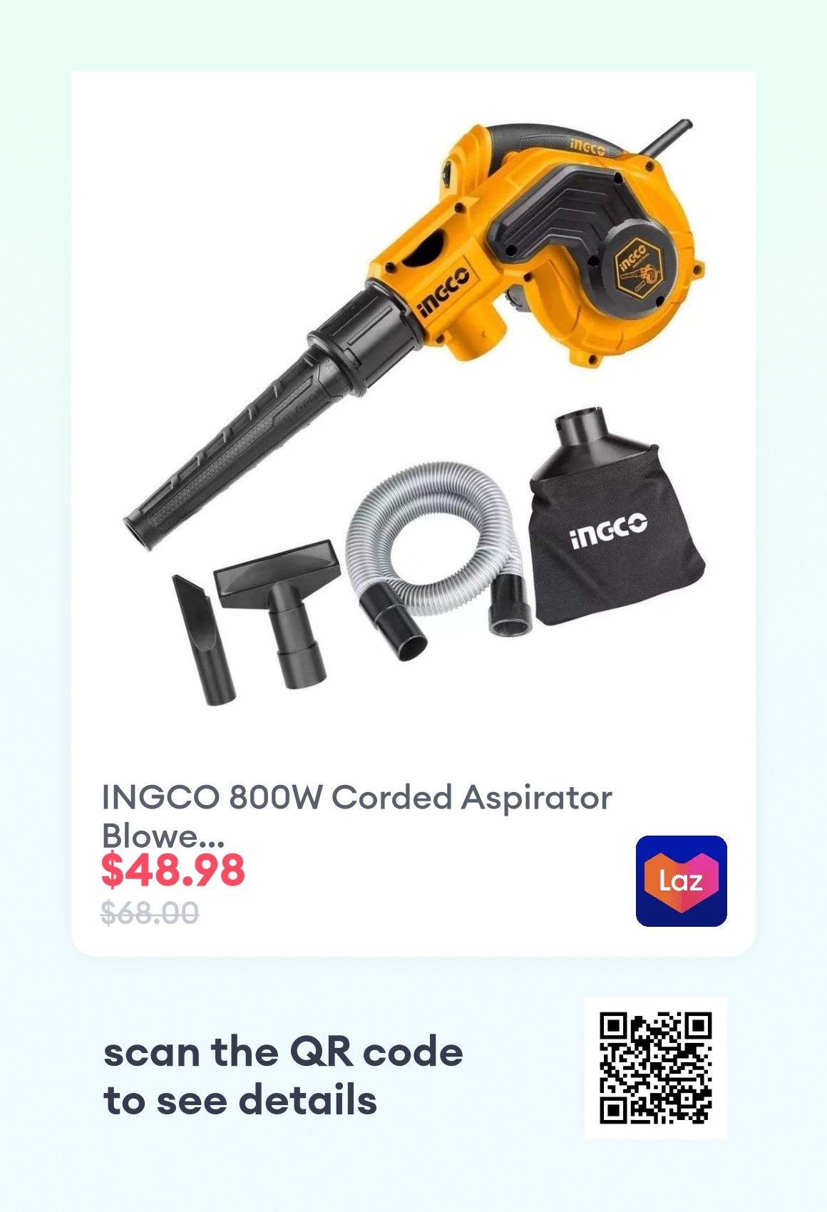 INGCO 800W Corded Aspirator Blower with 1pcs Dust Bag, 1pcs Flexible ...