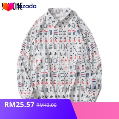 Suikone Men's Fashion Mahjong Print Casual Shirts Thin Lapel Men's Long ...