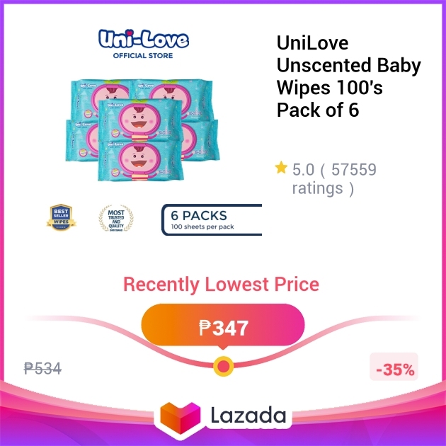 UniLove Unscented Baby Wipes 100's Pack of 6