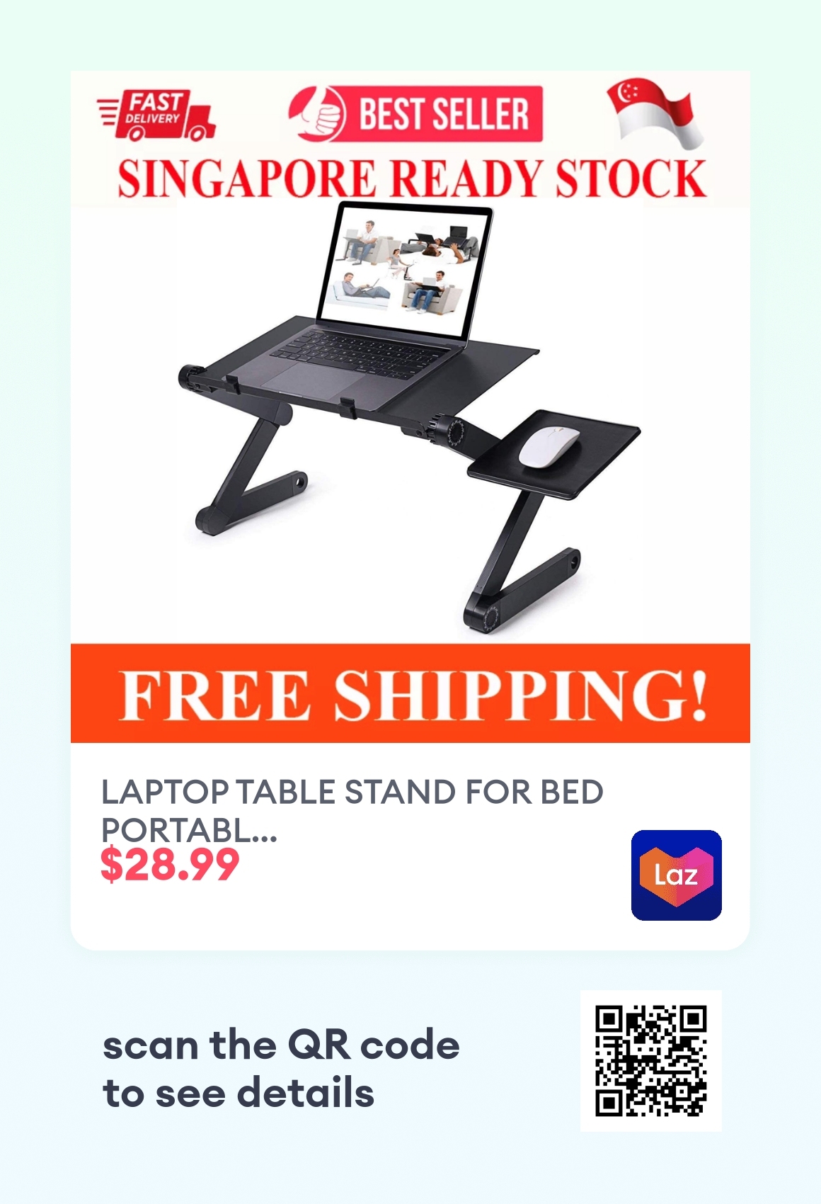 LAPTOP TABLE STAND FOR BED PORTABLE VENTED LAP DESK ADJUSTABLE NOTEBOOK ...
