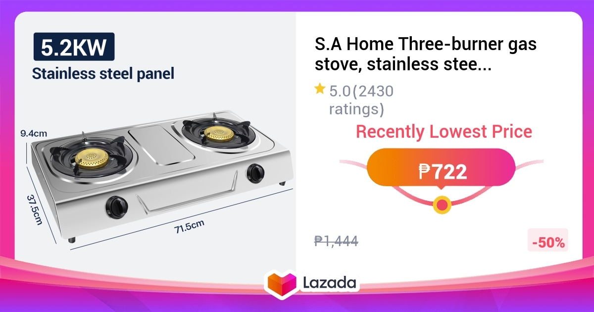 S.A Home Three-burner gas stove, stainless steel body, tempered glass ...