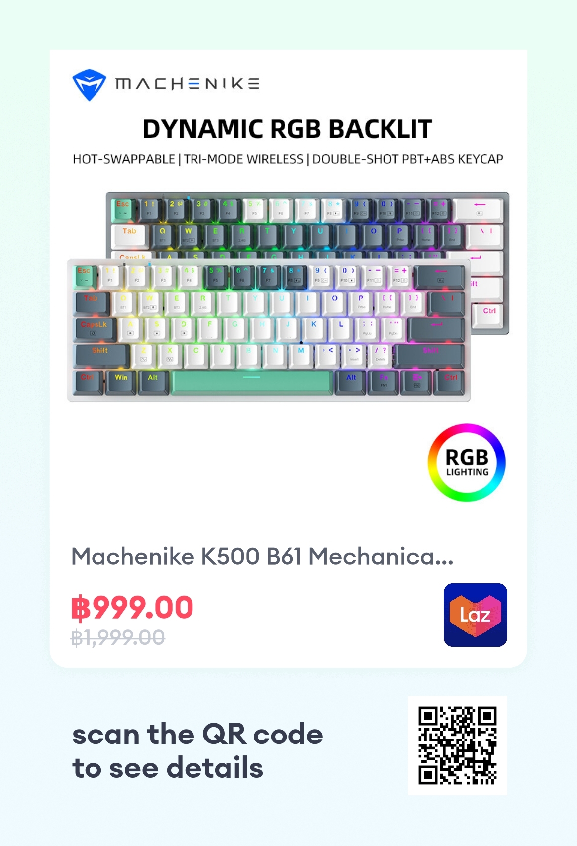 Machenike K500 B61 Mechanical Keyboard 61 Key Tri-Mode Wired/2.4G ...