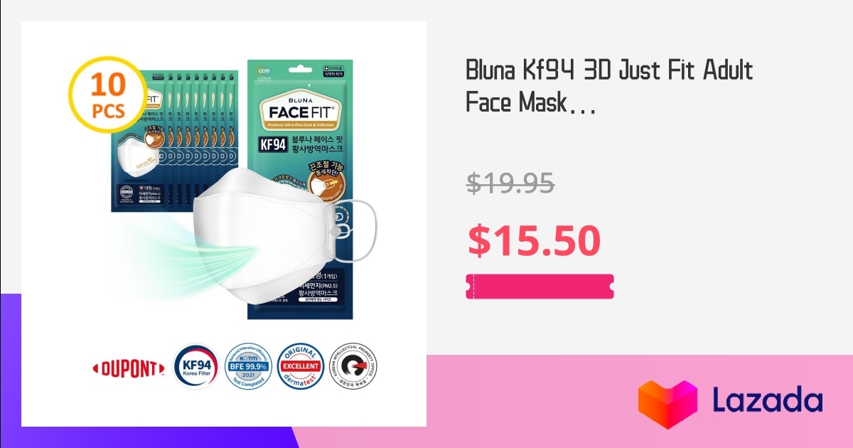 Bluna Kf94 3D Just Fit Adult Face Masks Individual Pack 1 Pcs X 10