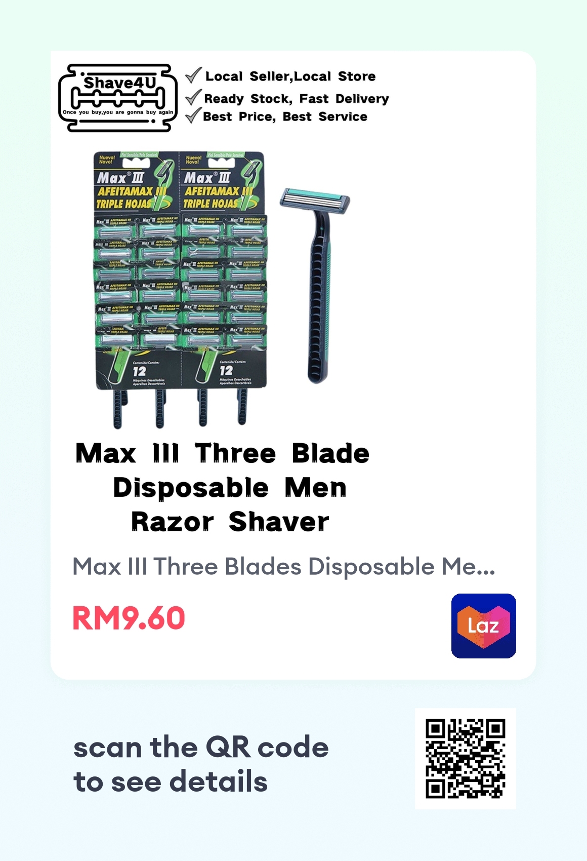 Max III Three Blades Disposable Men Razor Shaver (12pcs) 80cents per pc